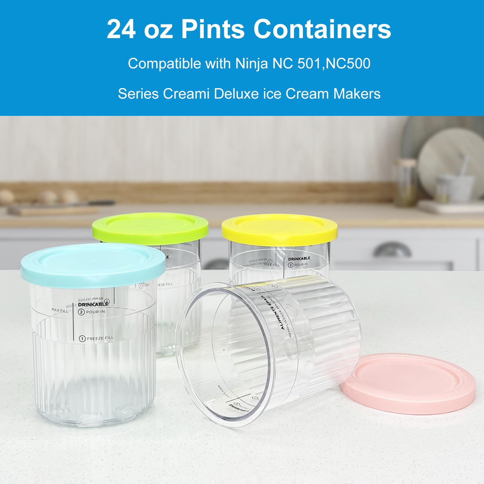 CUTIECLUB Pack of 4 Ice Cream Pint Containers 24oz and Lids for Ninja Creami NC500 NC501 Series Deluxe ice Cream Makers, Replacement Cups BPA-Free & Dishwasher Safe