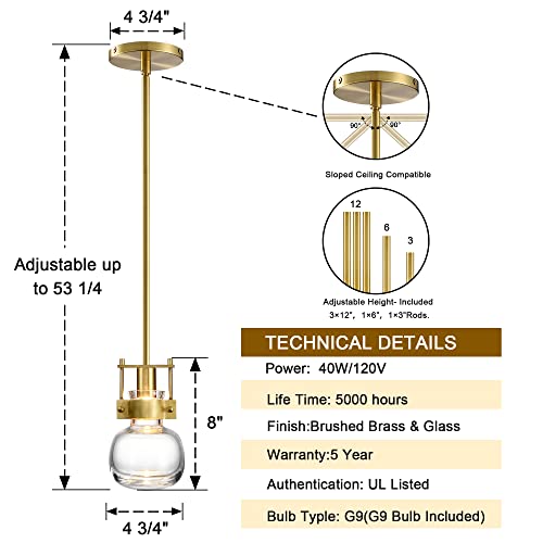 BUNKOS Modern Gold Pendant Light Hand Blown Glass Pendant Lighting for Kitchen Island Mini Globe Hanging Light Fixture in Brushed Brass Finished