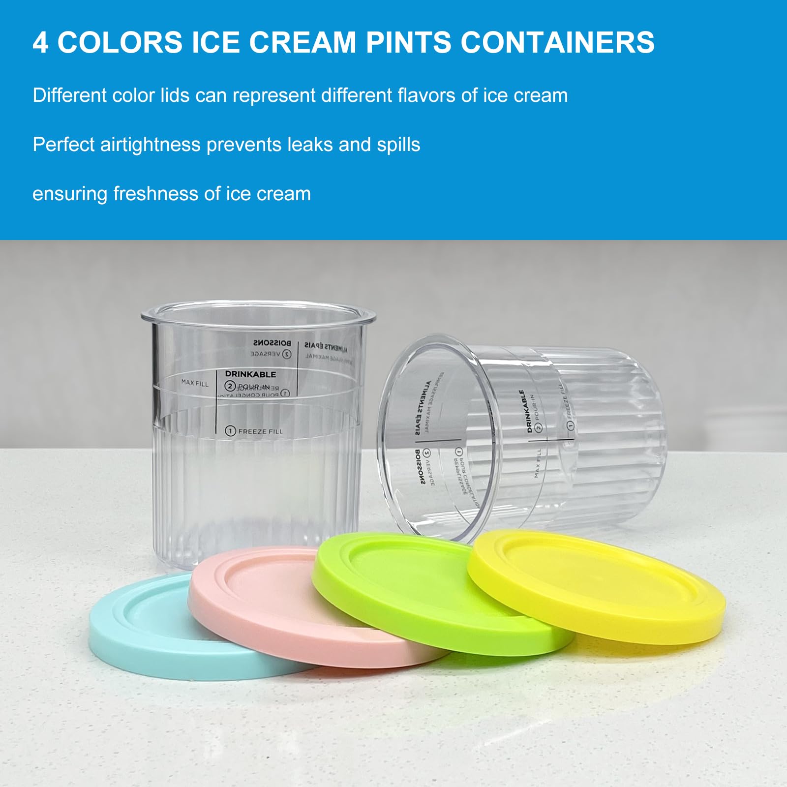 CUTIECLUB Pack of 4 Ice Cream Pint Containers 24oz and Lids for Ninja Creami NC500 NC501 Series Deluxe ice Cream Makers, Replacement Cups BPA-Free & Dishwasher Safe