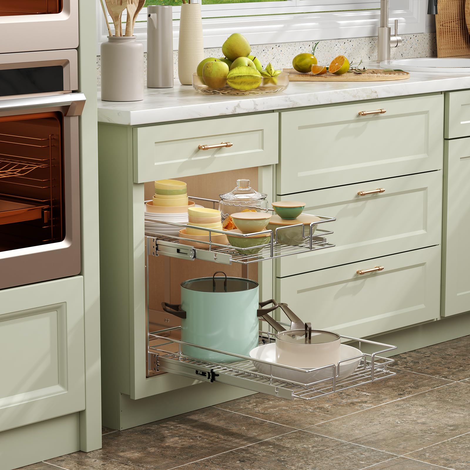 ROOMTEC Pull Out Cabinet Organizer (13½"W x 21½"D),2 Tier Pull Out Storage Shelf Drawer Basket,Sliding Shelves for Base Cabinet Organization in Kitchen, Bathroom, Pantry