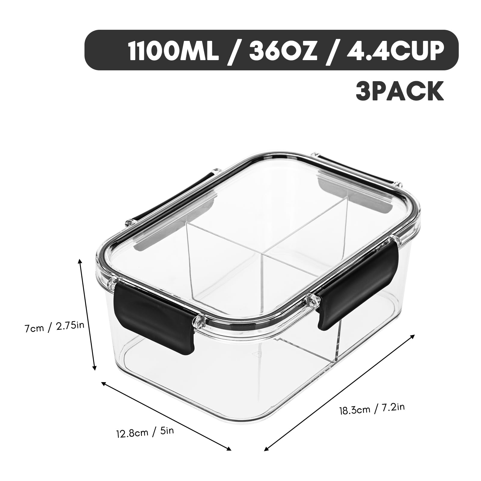 Moretoes 3pcs 36oz Meal Prep Containers Reusable, Airtight Food Storage Containers with Lids, 3 Compartment Plastic Stackable Storage for Freezer Lunch(3 Containers, 3 Lids, BPA-Free)