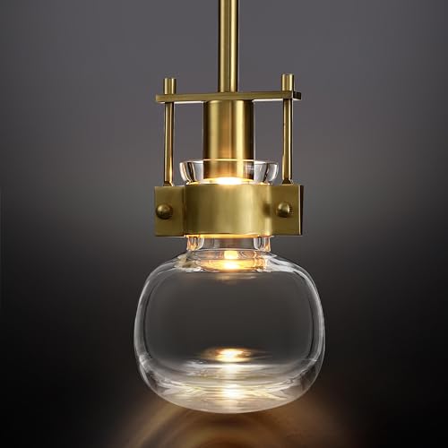 BUNKOS Modern Gold Pendant Light Hand Blown Glass Pendant Lighting for Kitchen Island Mini Globe Hanging Light Fixture in Brushed Brass Finished