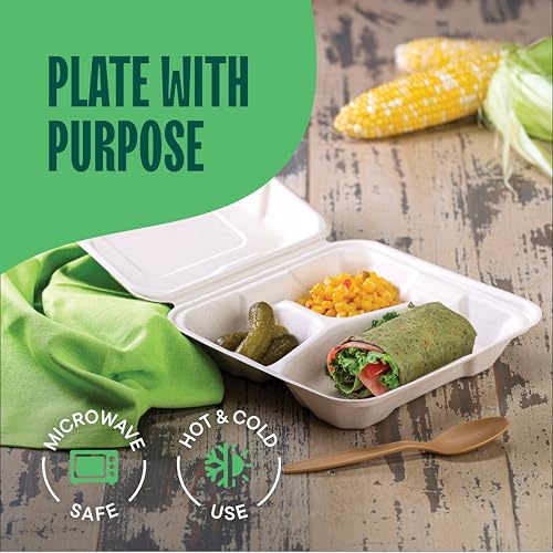 [Bulk - 200-Count] 100% Compostable to Go Containers 8x8" 3-Compartment Clamshell Take Out Food Container with Hinged Lid - Disposable Togo Plates - Eco-Friendly Takeout Box Made of Sugar Cane Bagasse