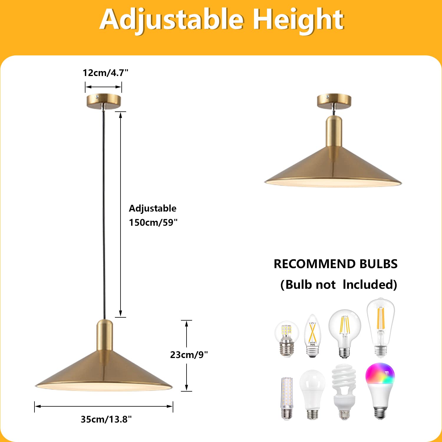 KCO Lighting Mid Century Modern Dome Pendant Light Gold and Black Barn Pendant Light Brass Cone Ceiling Pendant Light Fixture Farmhouse Kitchen Island Lighting (Gold)