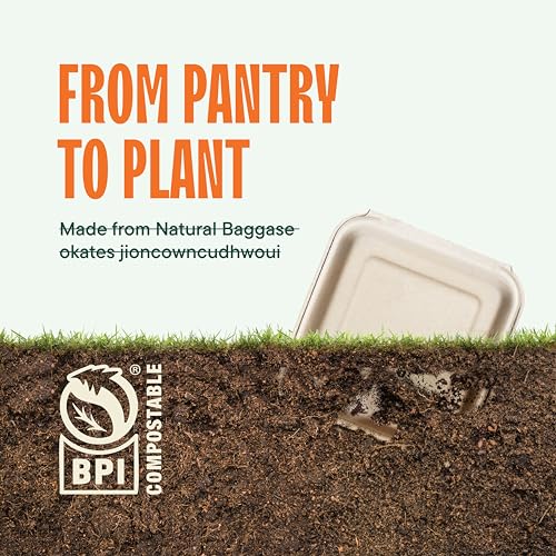 [Bulk - 200-Count] 100% Compostable to Go Containers 8x8" 3-Compartment Clamshell Take Out Food Container with Hinged Lid - Disposable Togo Plates - Eco-Friendly Takeout Box Made of Sugar Cane Bagasse