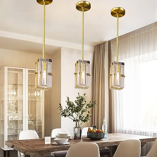 Untrammelife Gold K9 Crystal Pendant Light, 1 Light Modern LED Pendant Lights Kitchen Island, Adjustable Ceiling Hanging Pendant Light Fixtures for Dinning Room Bedroom, T8 LED Bulb Included