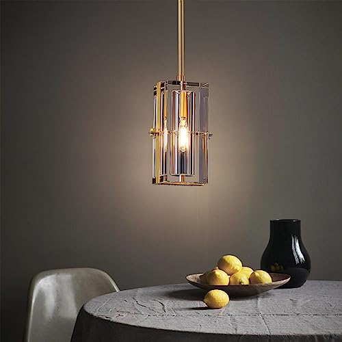 Untrammelife Gold K9 Crystal Pendant Light, 1 Light Modern LED Pendant Lights Kitchen Island, Adjustable Ceiling Hanging Pendant Light Fixtures for Dinning Room Bedroom, T8 LED Bulb Included