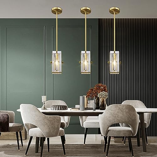 Untrammelife Gold K9 Crystal Pendant Light, 1 Light Modern LED Pendant Lights Kitchen Island, Adjustable Ceiling Hanging Pendant Light Fixtures for Dinning Room Bedroom, T8 LED Bulb Included
