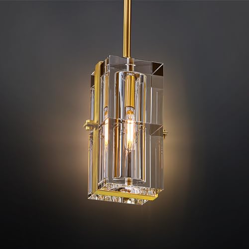 Untrammelife Gold K9 Crystal Pendant Light, 1 Light Modern LED Pendant Lights Kitchen Island, Adjustable Ceiling Hanging Pendant Light Fixtures for Dinning Room Bedroom, T8 LED Bulb Included