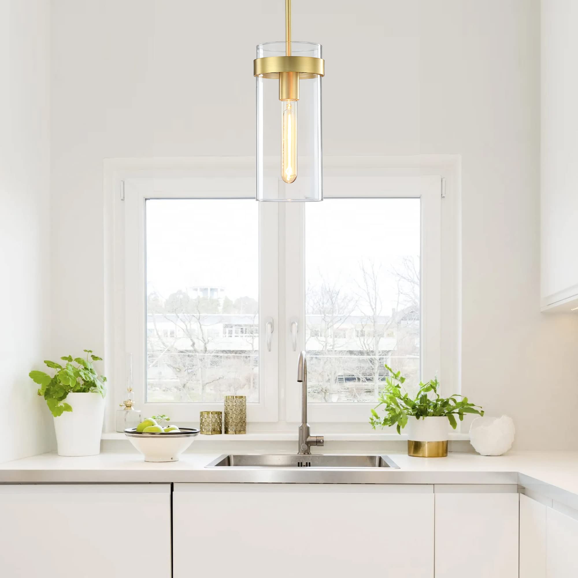 Aberaun Home Modern Gold Pendant Lights Glass Kitchen Island Lighting Rod-Hung Light Fixtures Ceiling Hanging Chandelier Over Kitchen Sink Dining Table Bathroom Tub