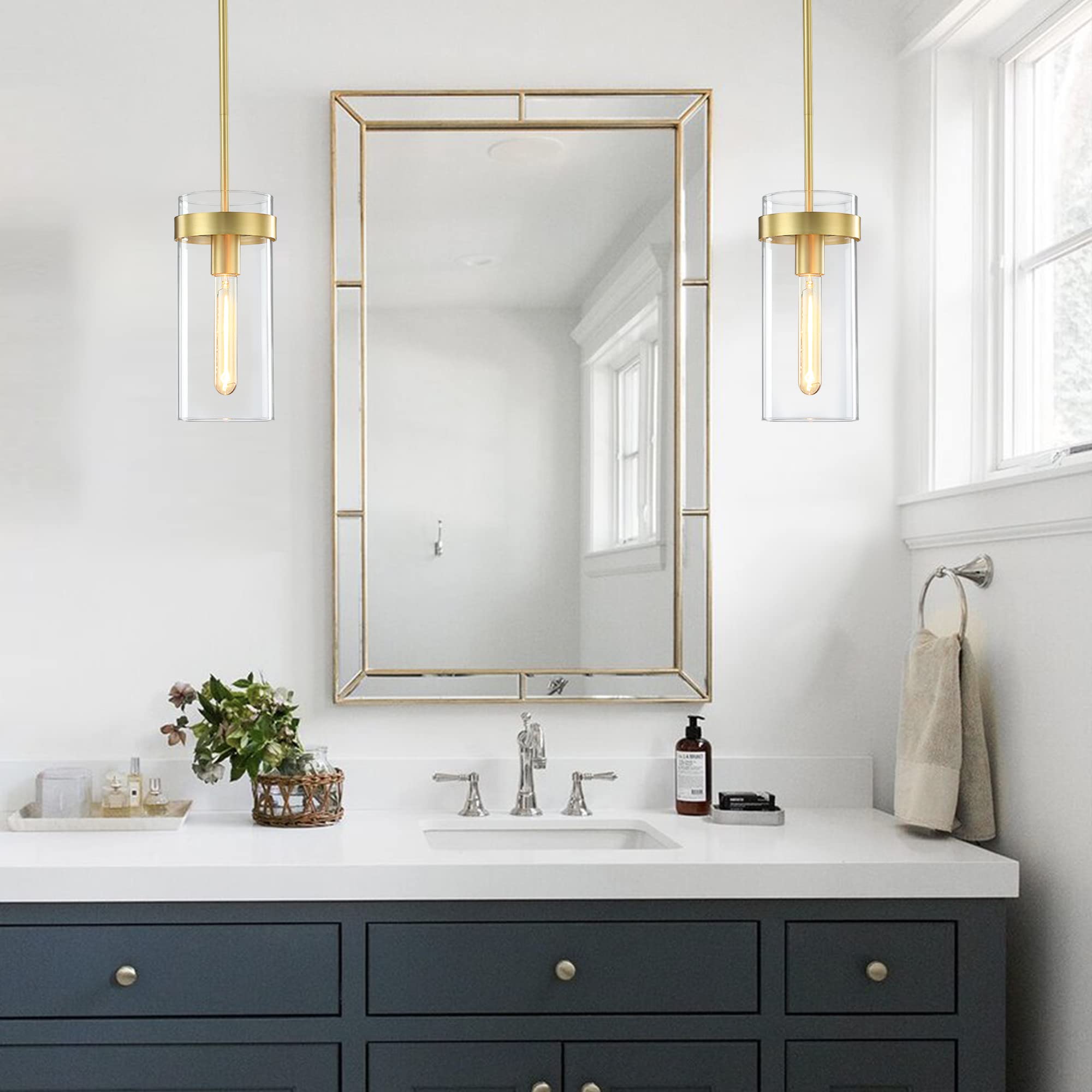 Aberaun Home Modern Gold Pendant Lights Glass Kitchen Island Lighting Rod-Hung Light Fixtures Ceiling Hanging Chandelier Over Kitchen Sink Dining Table Bathroom Tub