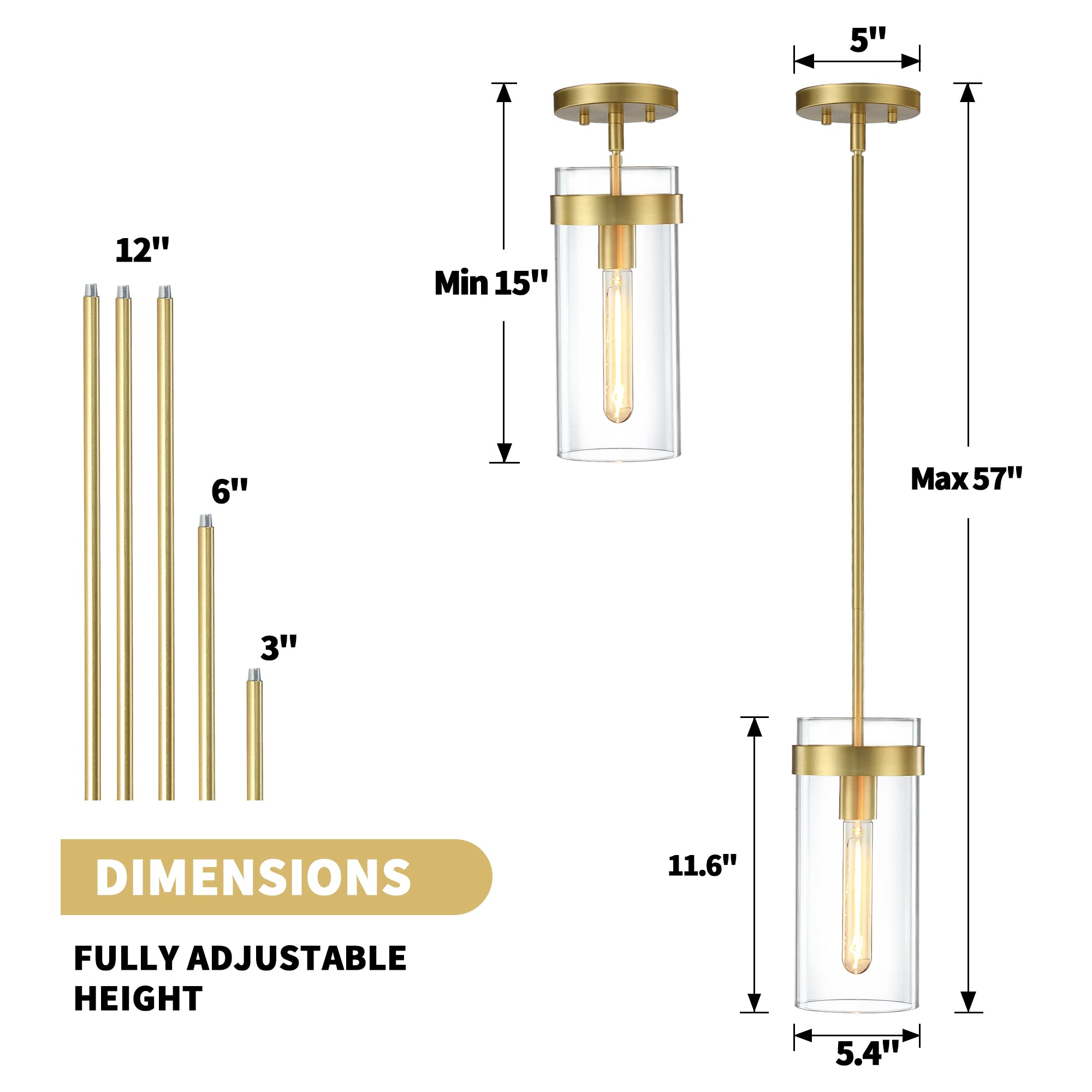 Aberaun Home Modern Gold Pendant Lights Glass Kitchen Island Lighting Rod-Hung Light Fixtures Ceiling Hanging Chandelier Over Kitchen Sink Dining Table Bathroom Tub