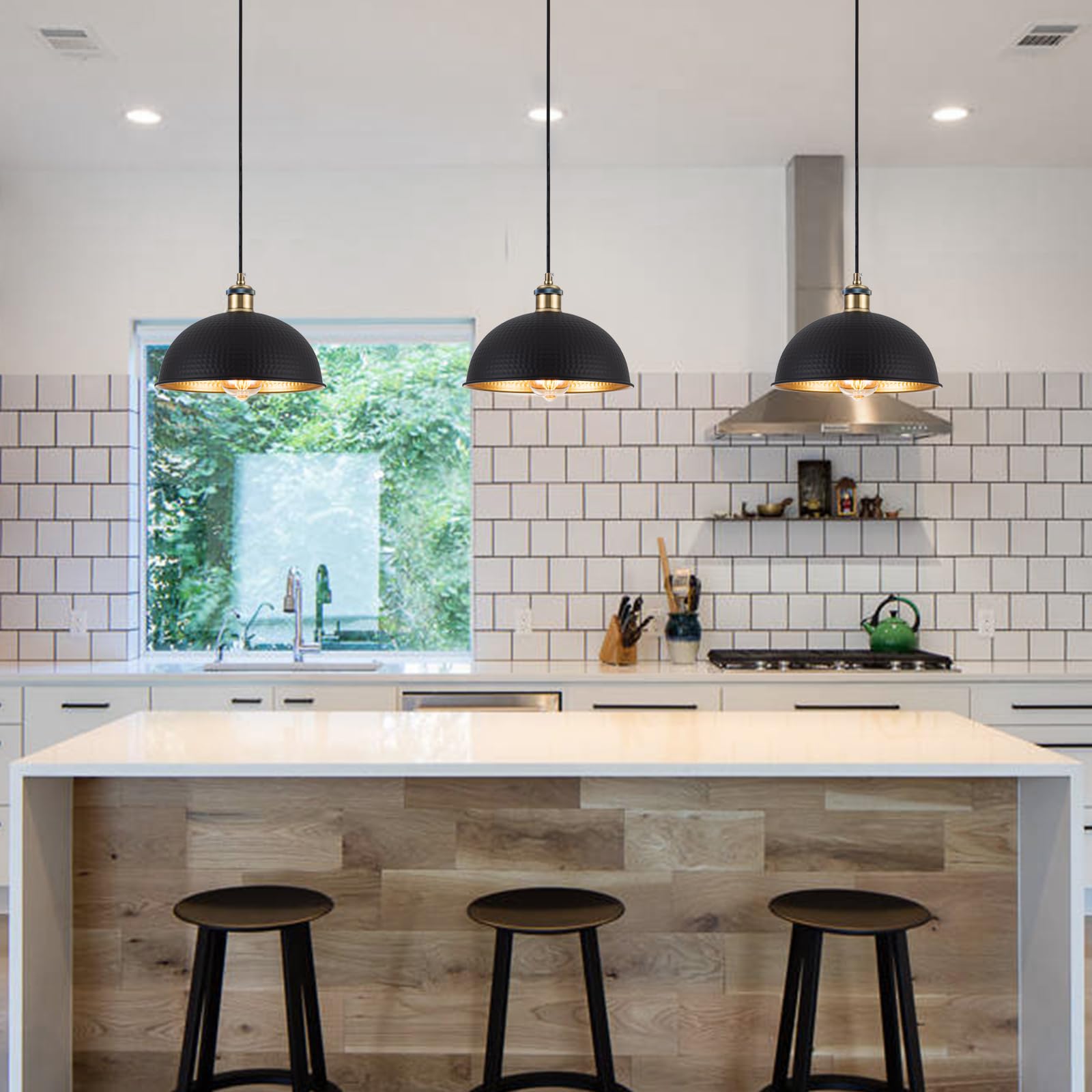 ElesiLuce Industrial Black Gold Pendant Lights 3-Pack Vintage Mini Dome Pendant Light Fixtures with Golden Finish 10“ Rustic Farmhouse Black Pendant Lights for Kitchen Island, Dining Room, Bedroom