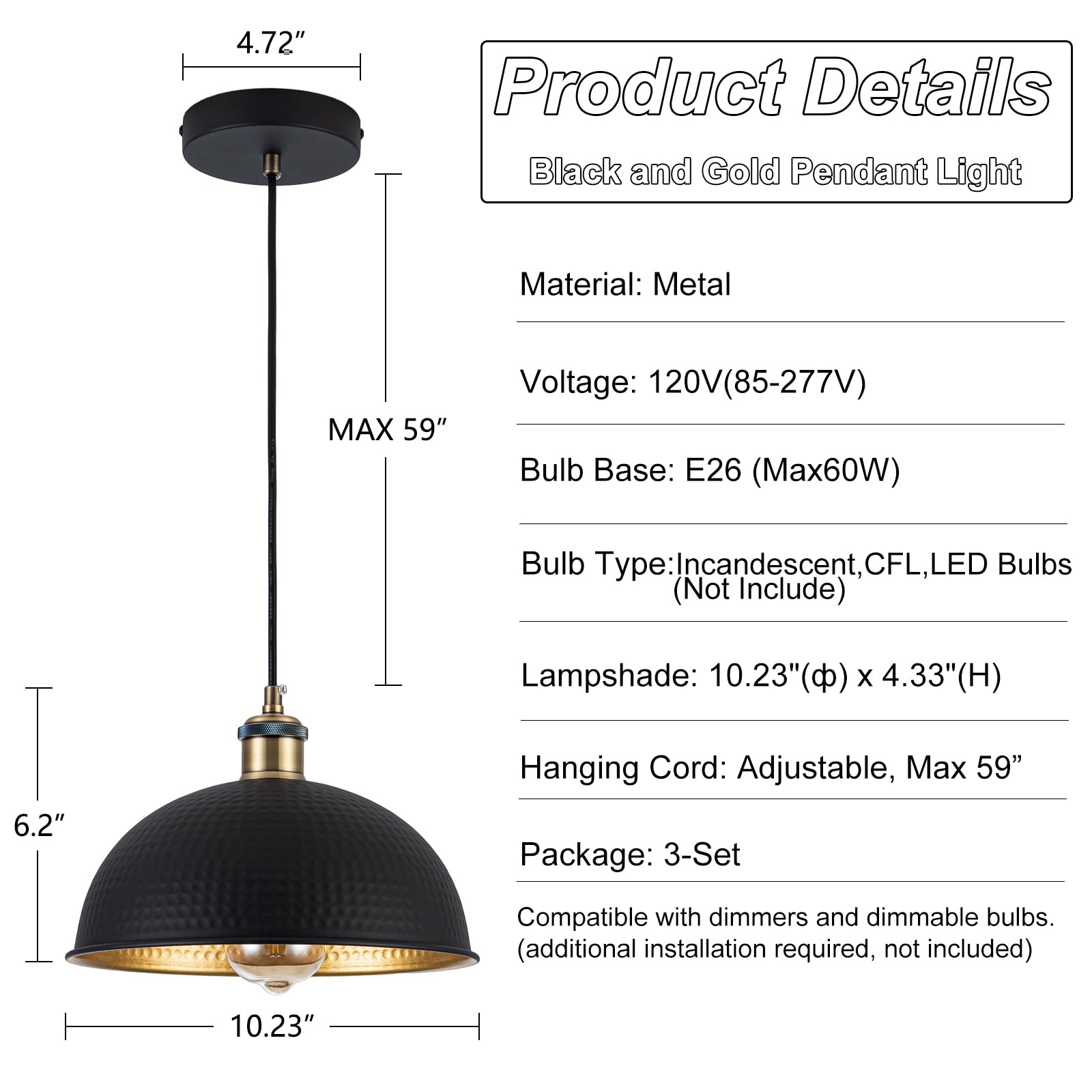 ElesiLuce Industrial Black Gold Pendant Lights 3-Pack Vintage Mini Dome Pendant Light Fixtures with Golden Finish 10“ Rustic Farmhouse Black Pendant Lights for Kitchen Island, Dining Room, Bedroom