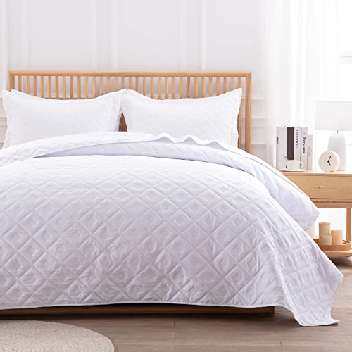 SunStyle Home Queen Size Quilt Bedding Set Lightweight Summer Quilt Geometric Pattern Soft Bedspread Modern Style Coverlet Set for All Seasons, 3 Pieces White (1 Quilt, 2 Pillow Shams)