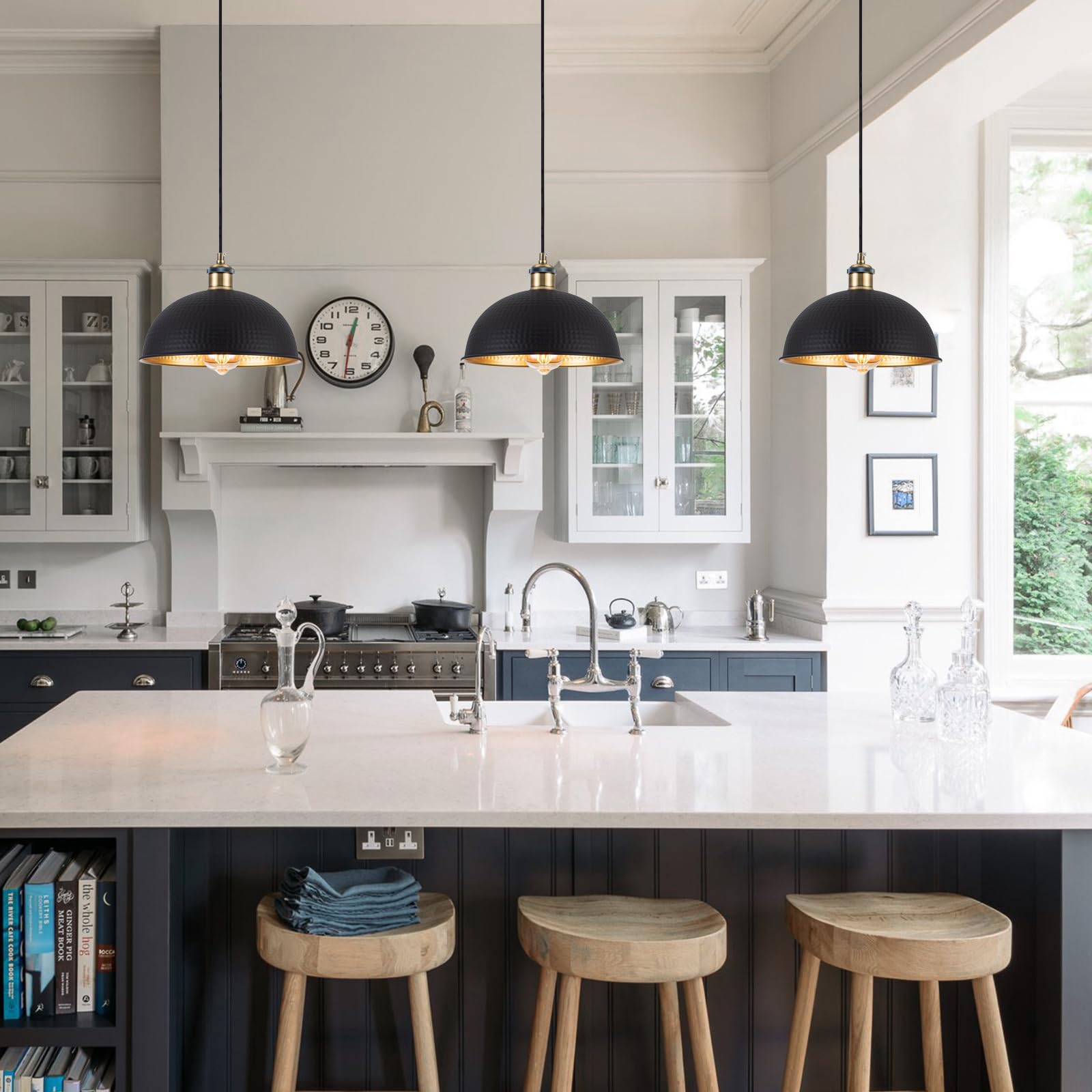 ElesiLuce Industrial Black Gold Pendant Lights 3-Pack Vintage Mini Dome Pendant Light Fixtures with Golden Finish 10“ Rustic Farmhouse Black Pendant Lights for Kitchen Island, Dining Room, Bedroom