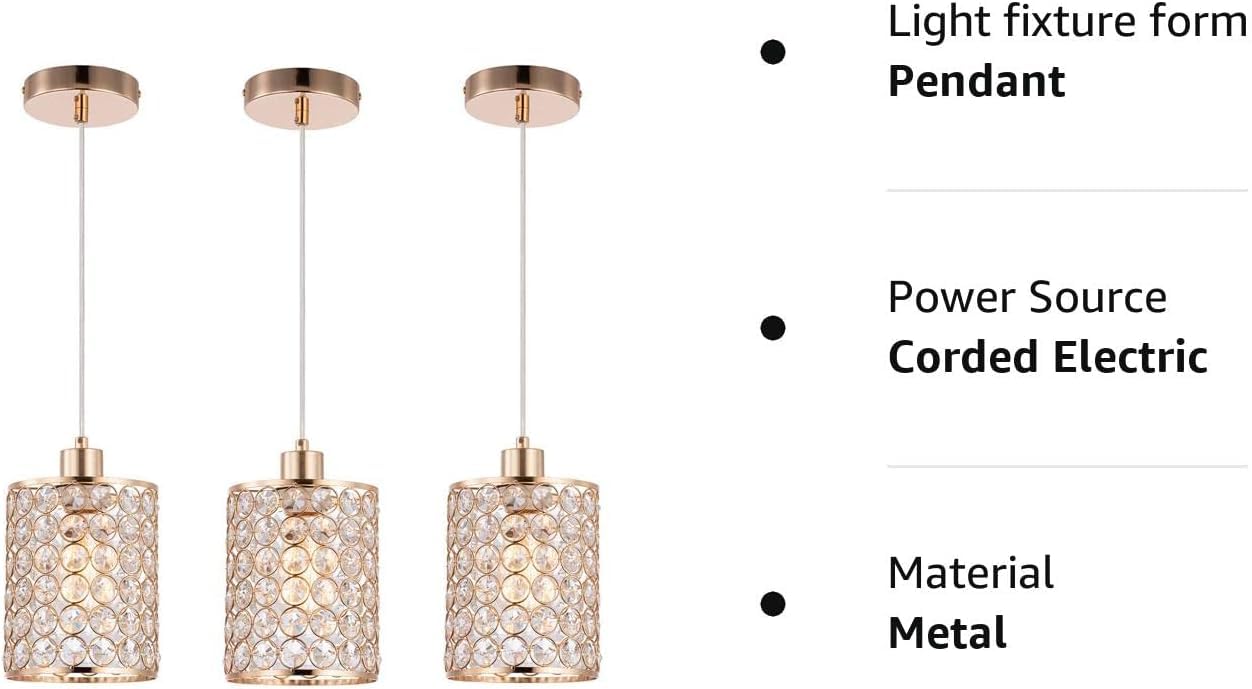 Cuaulans Gold Crystal Pendant Light, 3 Pack Kitchen Island Lighting, Modern Adjustable Bar Lights Hanging Fixture for Kitchen Dining Room Bedroom Bar