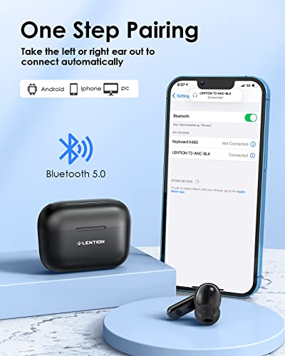 LENTION T2 Hybrid Active Noise Cancelling True Wireless Earbuds, in-Ear Bluetooth Headphones, Immersive Sound Premium Deep Bass Black Bluetooth Earbuds, IPX4 Waterproof Bluetooth 5.1 Earphones