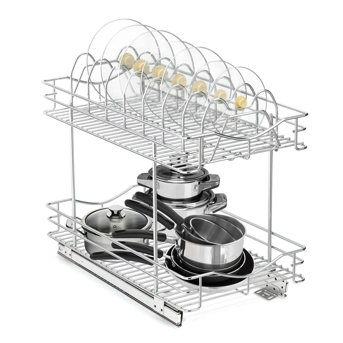 FULGENTE Pull Out Cabinet Drawer Organizer for Lid Cookware 11" W x 21" D 2 Tier Slide Out Kitchen Shelves Storage for Pots and Pans Roll Out Pot Top Shelf for Cabinet Wire Frame Chrome Finish
