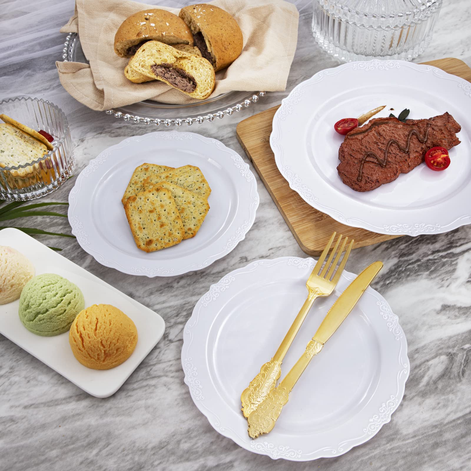 DaYammi 60PCS White Plastic Plates, Heavy Duty White Disposable Premium 7.5inch Dessert Cake Salad Appetizer Plates Hard Plastic Platos Disposable for Party Wedding