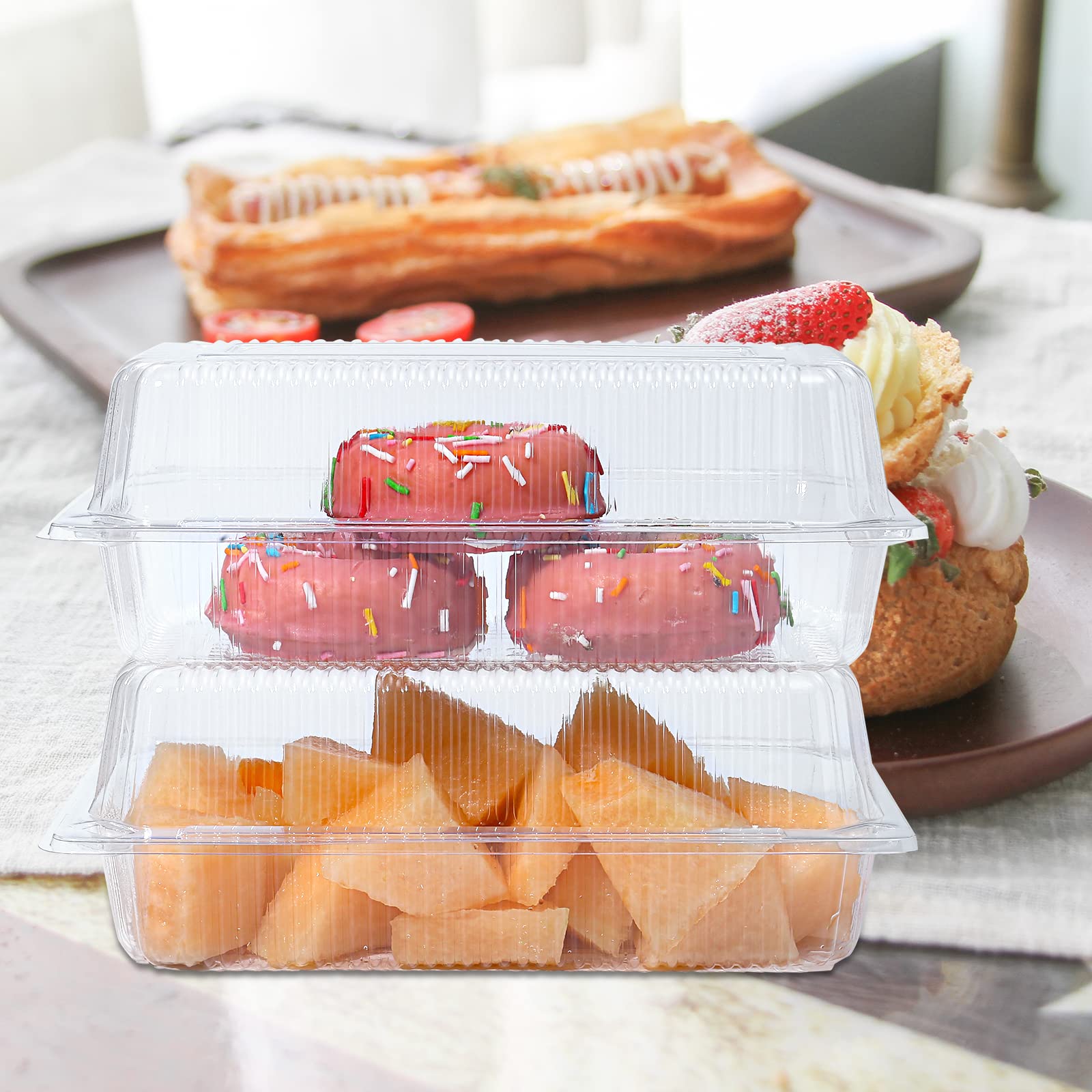 MANSHU 100 Pcs Clear Plastic Take out Containers,Disposable Clamshell Dessert Container with Lid, for Salads, Pasta, Sandwiches (8.66x5.12x3.15 in).