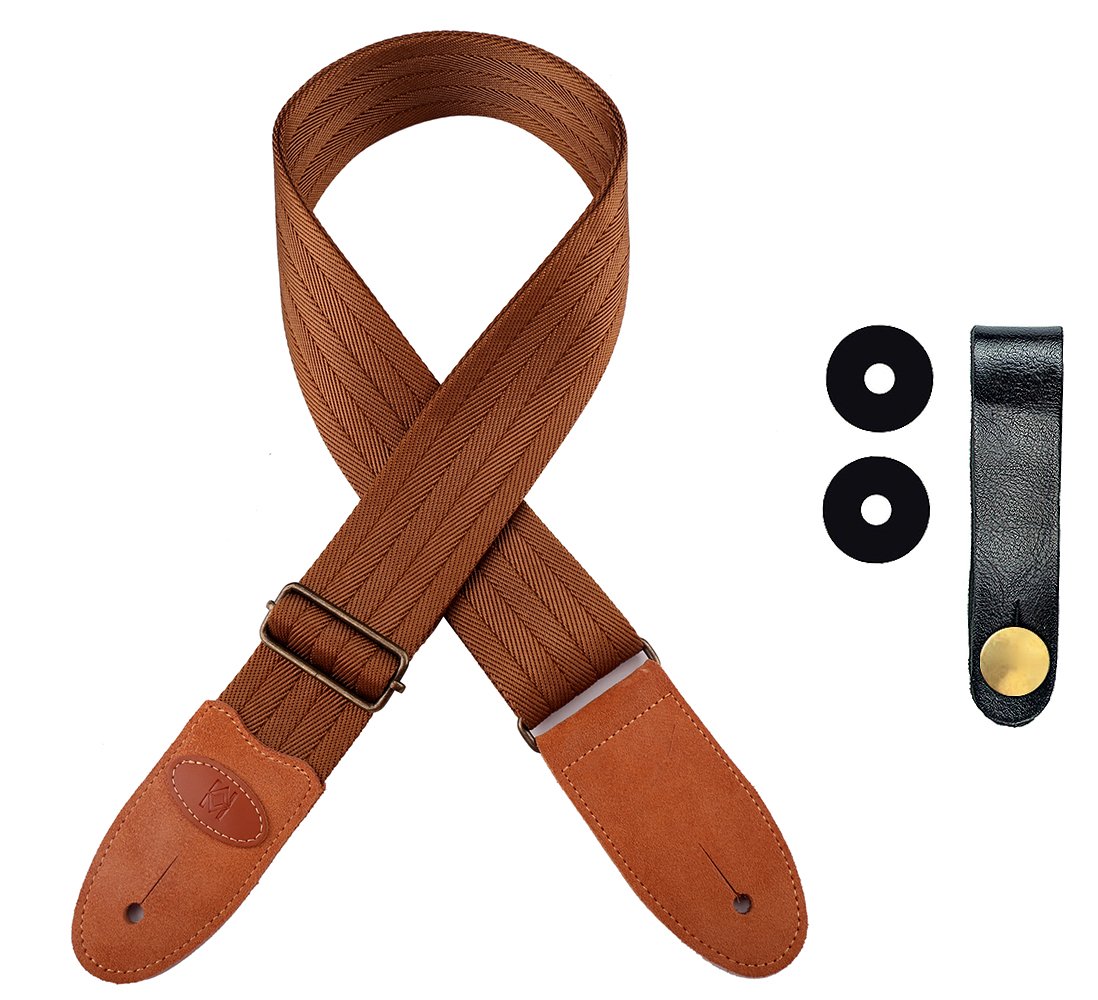 Guitar Strap for Acoustic, Electric Guitars with Suede Leather Ends, Includes 2 Safety Locks, 1 Leather Guitar Strap Button