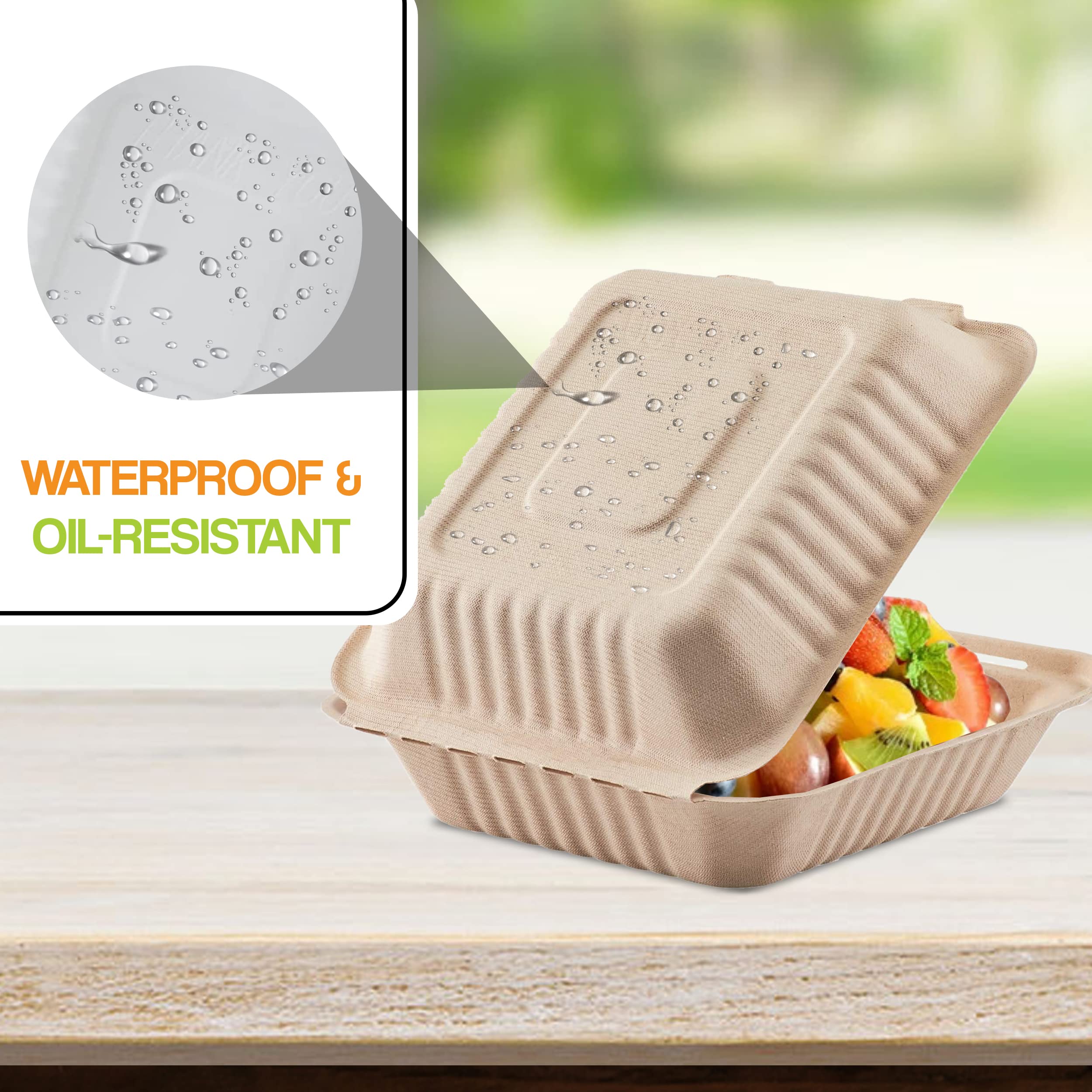 Raj Eco To Go Containers Compostable Clamshell Disposable, [8x8" 50-Pack] Take out Box With Hinged Lids, Meal-Prep, Eco Friendly, Biodegradable, food container made of sugar cane Bagasse BROWN