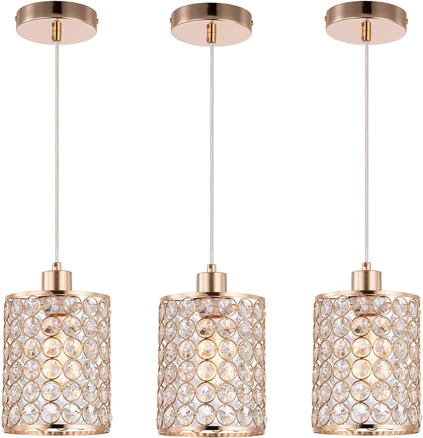 Cuaulans Gold Crystal Pendant Light, 3 Pack Kitchen Island Lighting, Modern Adjustable Bar Lights Hanging Fixture for Kitchen Dining Room Bedroom Bar