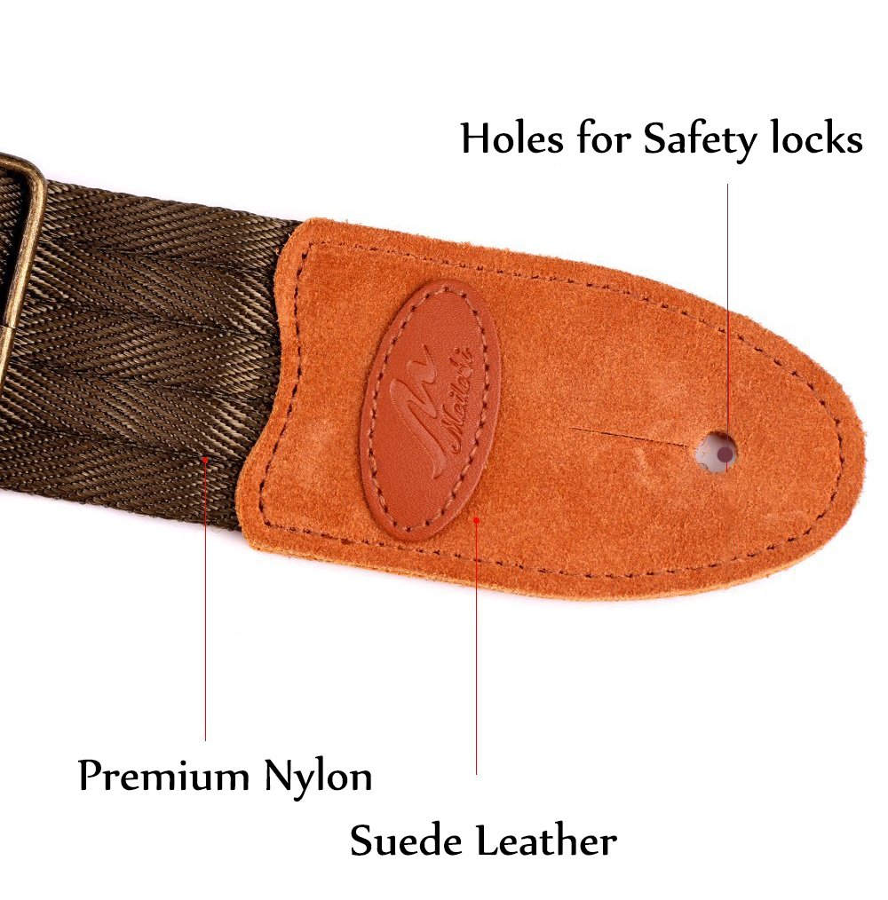 Guitar Strap for Acoustic, Electric Guitars with Suede Leather Ends, Includes 2 Safety Locks, 1 Leather Guitar Strap Button