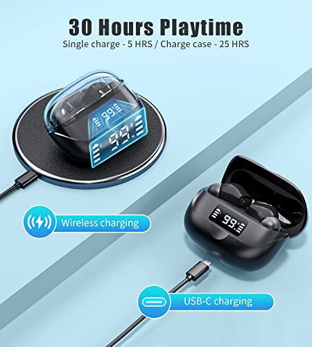 Wireless Earbuds Bluetooth Headphones, Stereo Earphones with 4-Mics Clear Call, 30Hrs Playtime & Wireless Charging, Deep Bass Headset with Dual LED Display Touch Control for iPhone/Android Matte Black