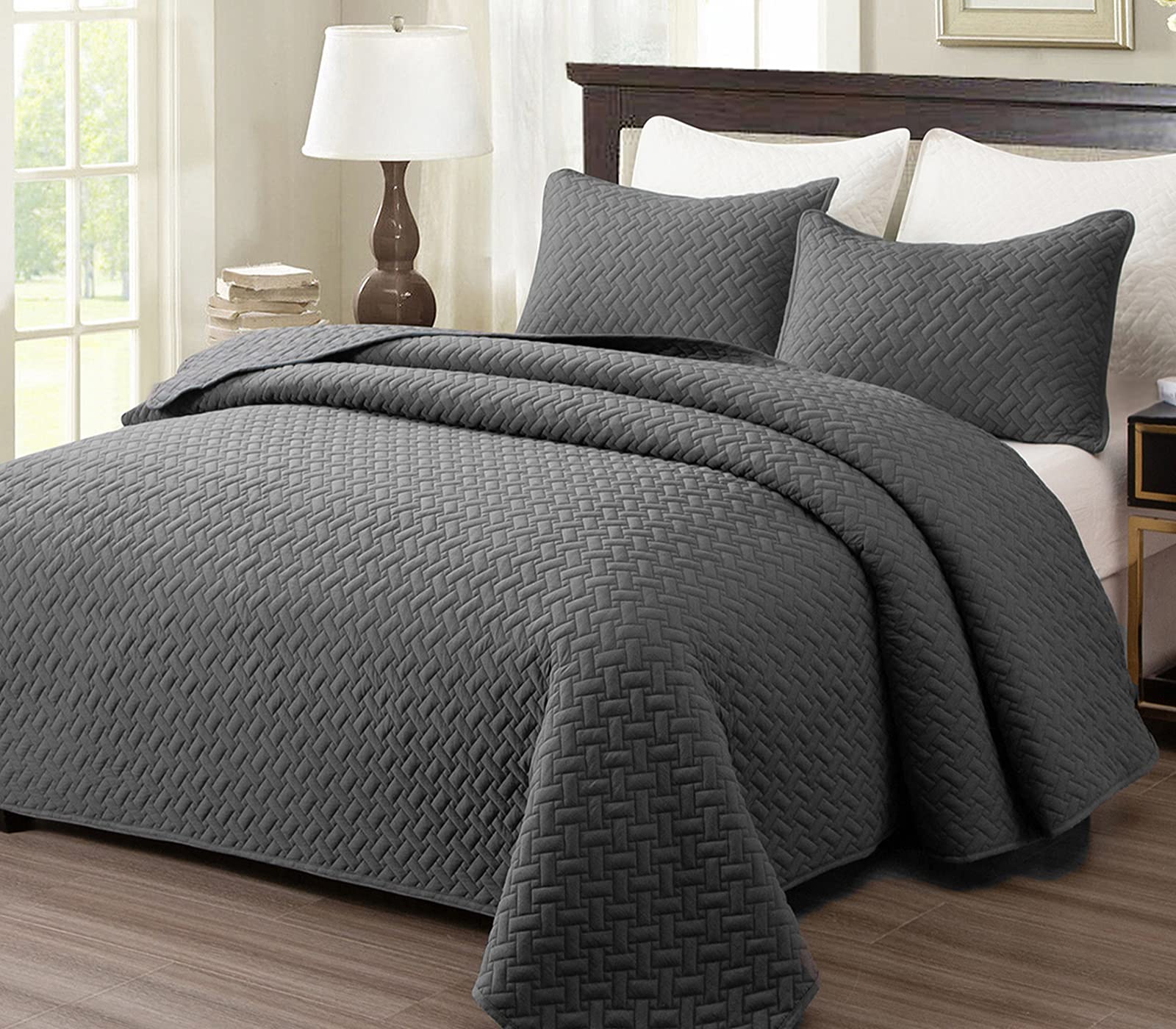 EMME Queen Quilt Bedding Set, Lightweight Bedspread,Pre-Washed Microfiber Bed Coverlet, 3 Piece, Summer Reversible Full Quilt Sets with 2 Pillow Shams(Grey, 90"x90")
