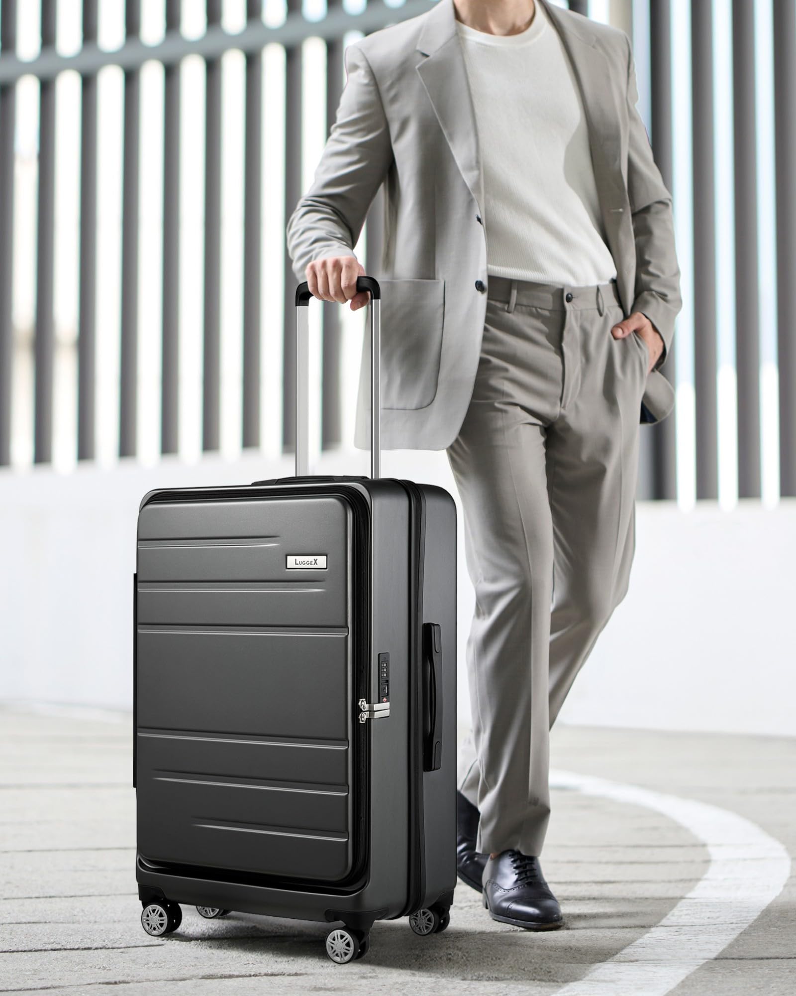 LUGGEX 26 Inch Luggage with Spinner Wheels, Expandable PC Hard Shell Checked Suitcase with Front Opening, Lightweight (Black, 26 Inch)