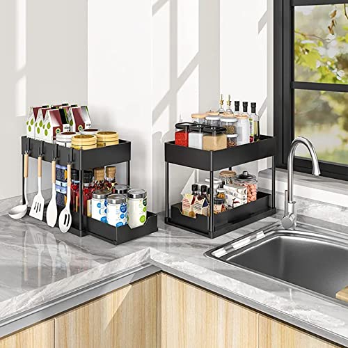 Sifxouped Under Sink Organizers and Storage, Two Tier Pull Out Cabinet Organizer with Hooks, 2 Pcs Under Sink Cabinet Basket with Sliding Drawers, Kitchen Bathroom, Black
