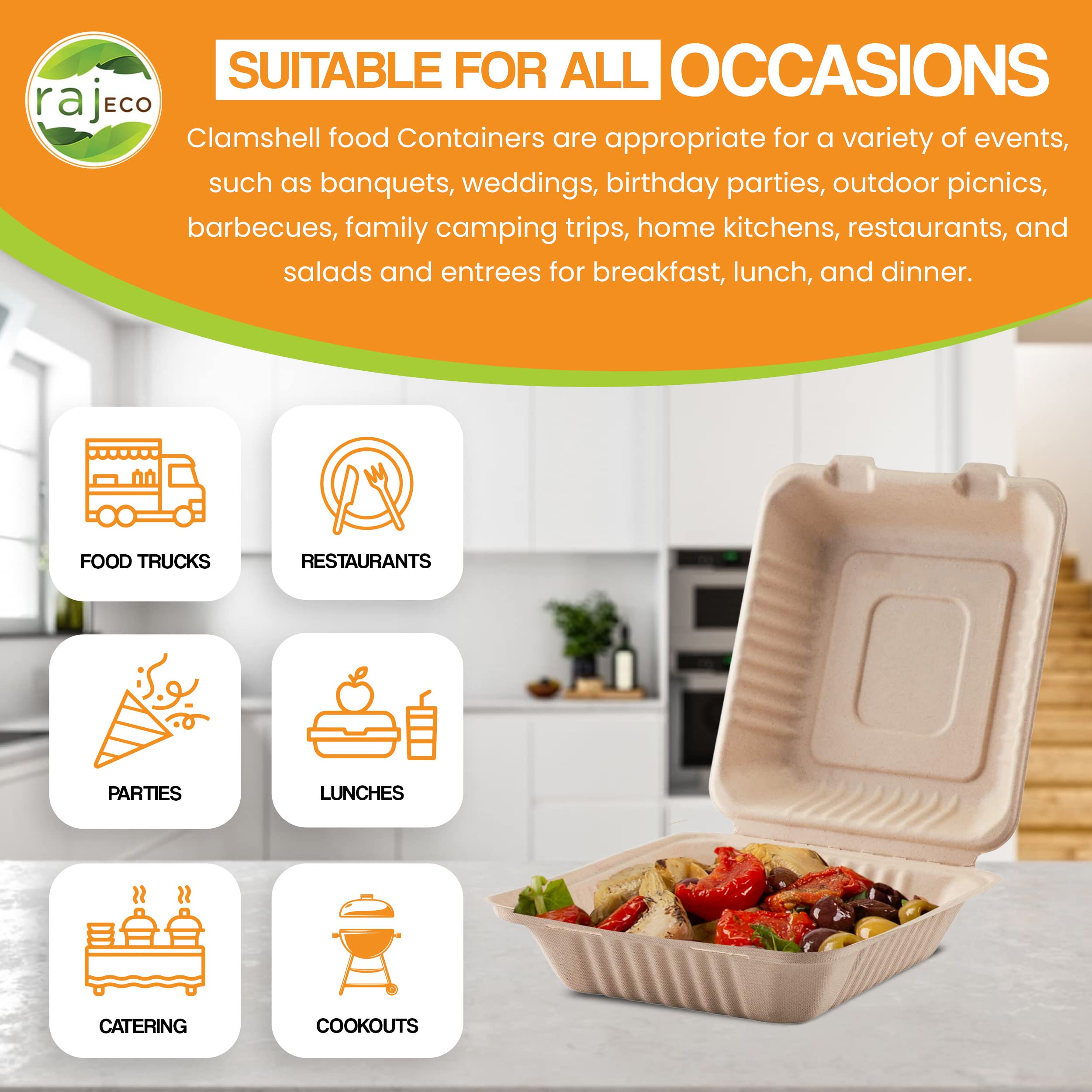Raj Eco To Go Containers Compostable Clamshell Disposable, [8x8" 50-Pack] Take out Box With Hinged Lids, Meal-Prep, Eco Friendly, Biodegradable, food container made of sugar cane Bagasse BROWN