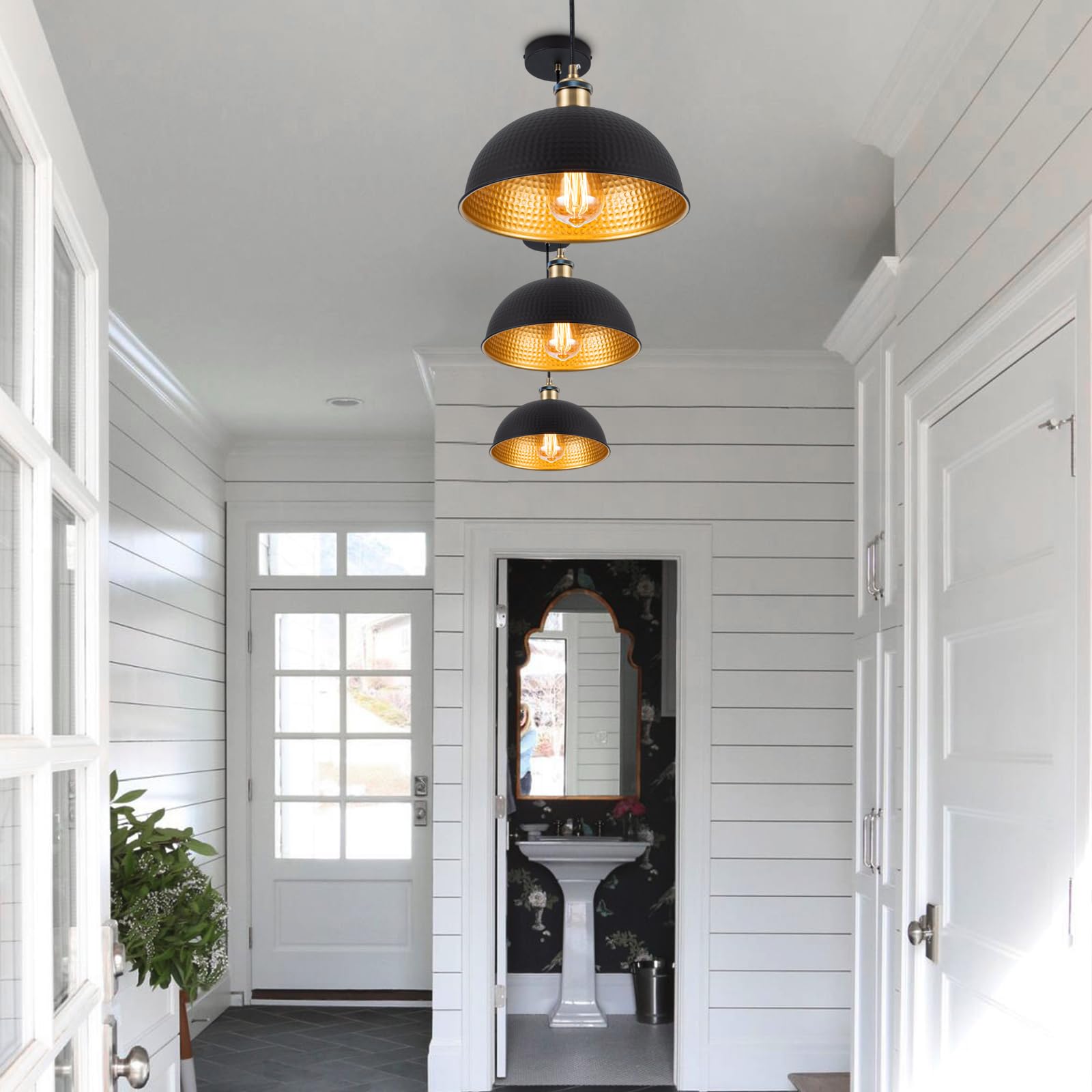 ElesiLuce Industrial Black Gold Pendant Lights 3-Pack Vintage Mini Dome Pendant Light Fixtures with Golden Finish 10“ Rustic Farmhouse Black Pendant Lights for Kitchen Island, Dining Room, Bedroom