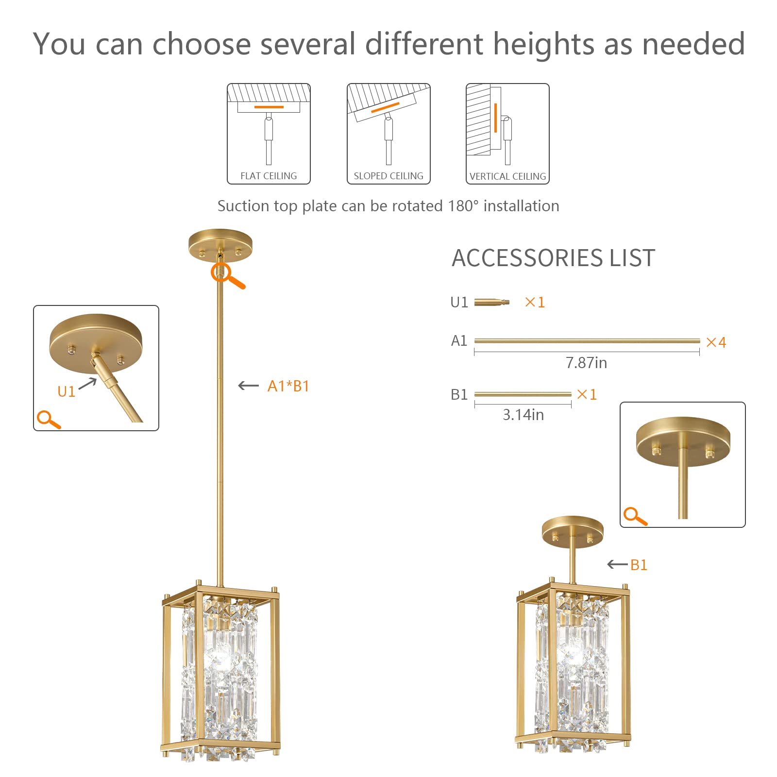 LMQNINE Dining Room Light Fixture Semi Flush Mount Ceiling Light, Industrial Farmhouse Chandelier Gold Metal Crystal Pendant Light for Hallway Balcony Kitchen Island (Square 1-Light)