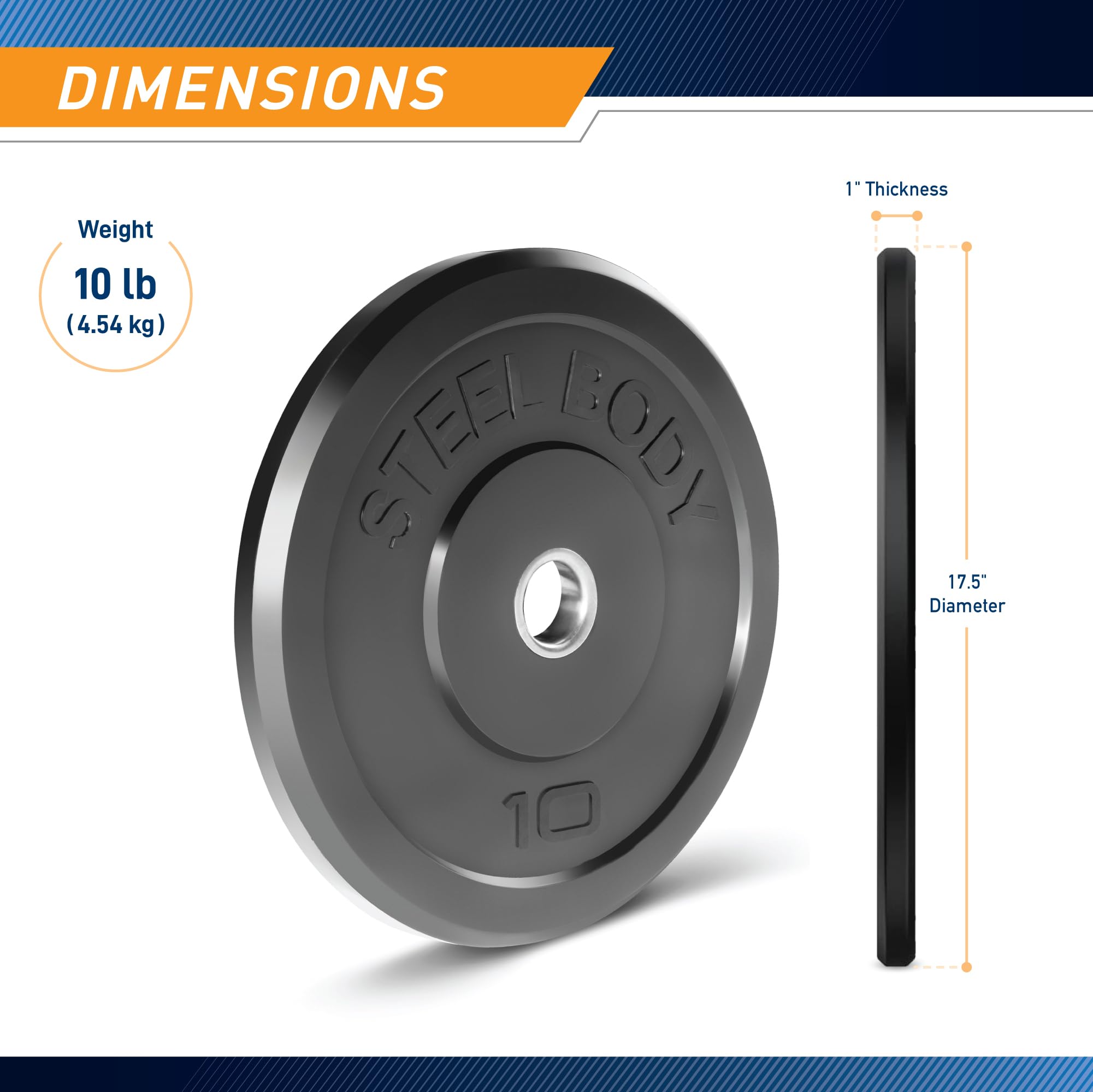Steelbody Olympic Rubber Bumper Weight Plate - 10 lb. / 25 lb. / 35 lb. / 45 lb. Workout Weights, 10-Pound , Black
