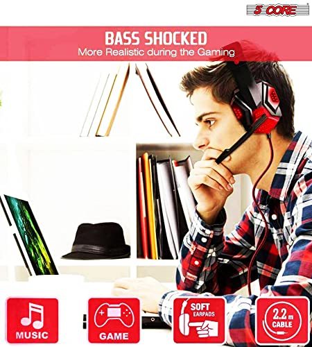 5 CORE Gaming Headset for PS4 PC One PS5 Console Controller, Noise Cancelling Microphone Over Ear Stereo Headphones with Mic, LED Light, Bass Surround, Earmuffs for Laptop Mac NES Games HDP GM1 R