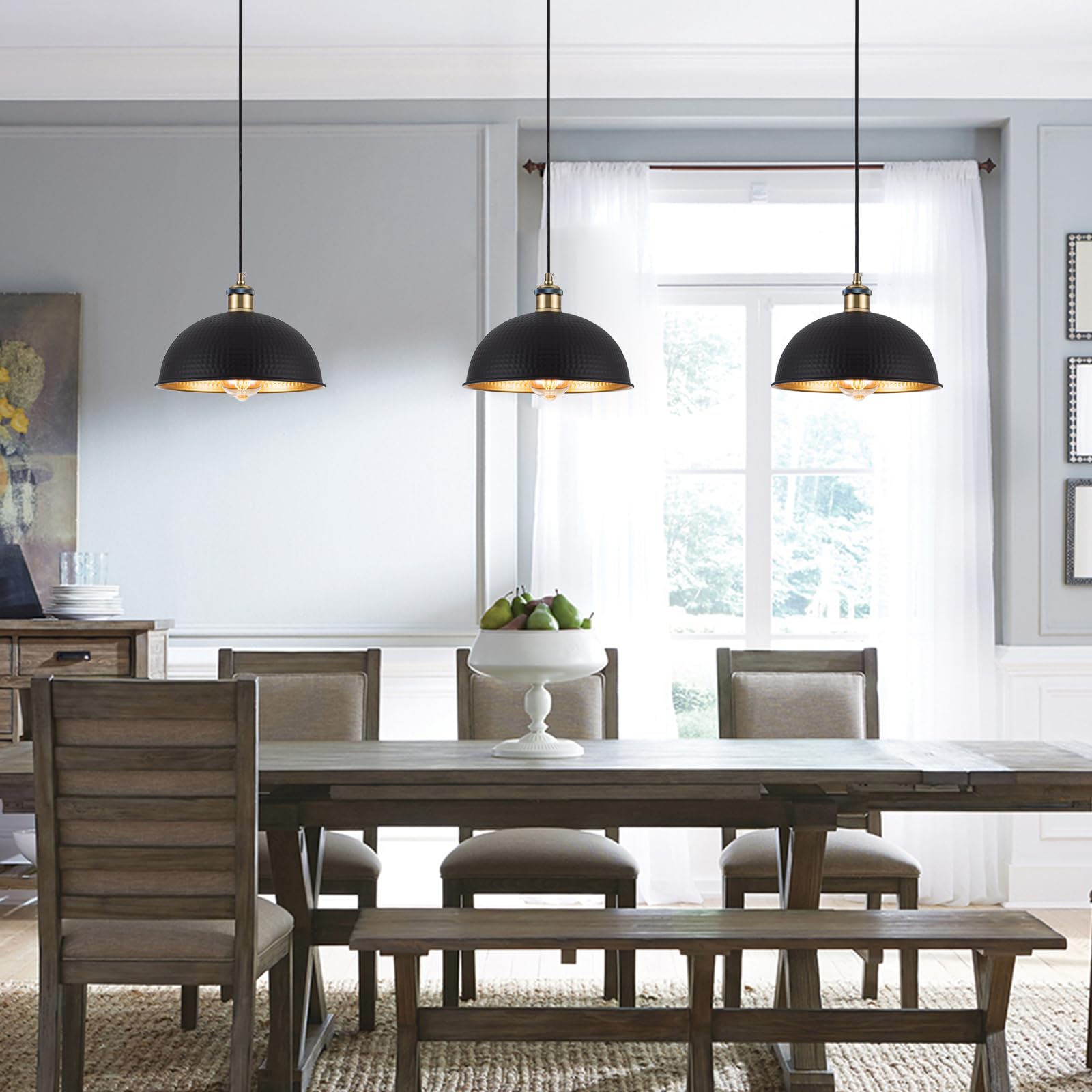ElesiLuce Industrial Black Gold Pendant Lights 3-Pack Vintage Mini Dome Pendant Light Fixtures with Golden Finish 10“ Rustic Farmhouse Black Pendant Lights for Kitchen Island, Dining Room, Bedroom