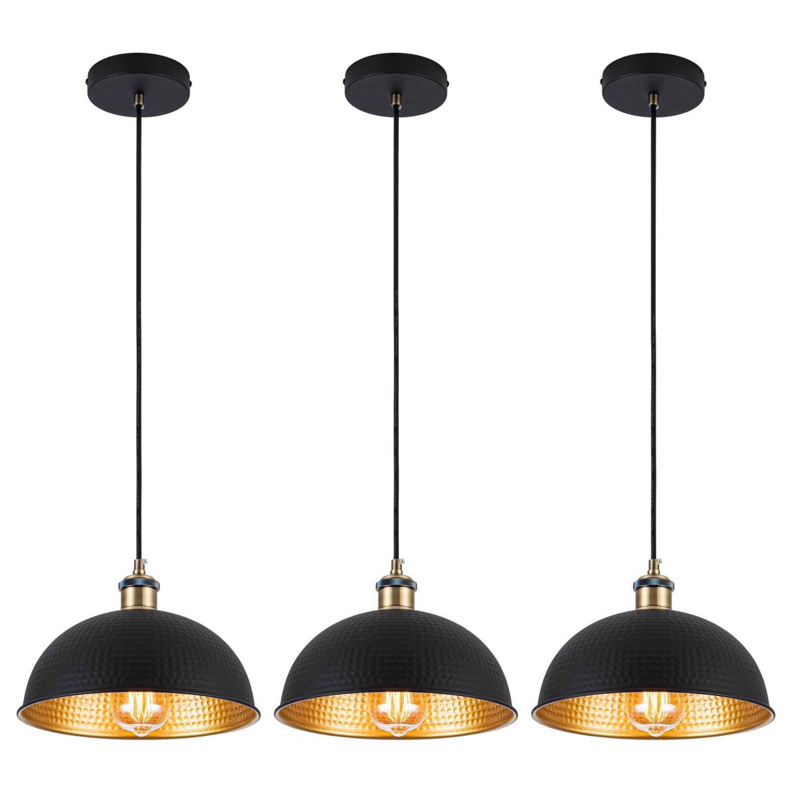 ElesiLuce Industrial Black Gold Pendant Lights 3-Pack Vintage Mini Dome Pendant Light Fixtures with Golden Finish 10“ Rustic Farmhouse Black Pendant Lights for Kitchen Island, Dining Room, Bedroom