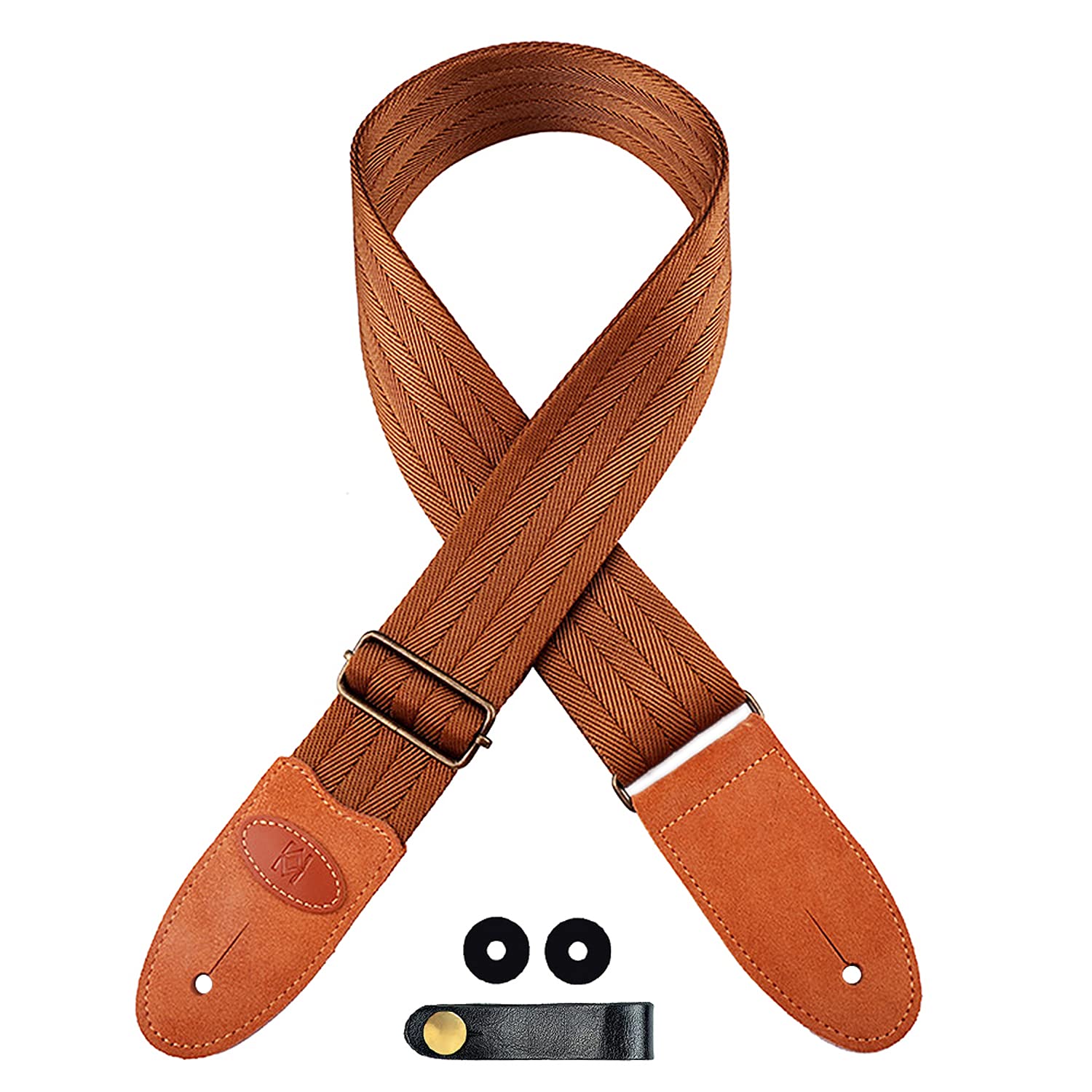 Guitar Strap for Acoustic, Electric Guitars with Suede Leather Ends, Includes 2 Safety Locks, 1 Leather Guitar Strap Button