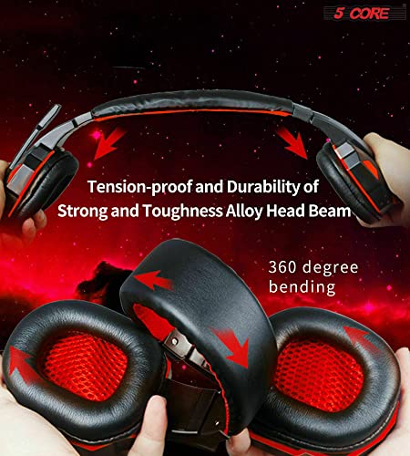 5 CORE Gaming Headset for PS4 PC One PS5 Console Controller, Noise Cancelling Microphone Over Ear Stereo Headphones with Mic, LED Light, Bass Surround, Earmuffs for Laptop Mac NES Games HDP GM1 R