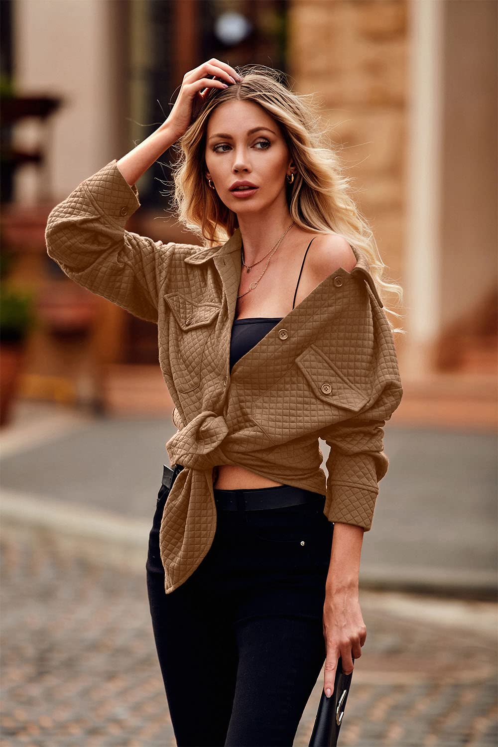 PRETTYGARDEN Women's 2024 Winter Jackets Lapel Coat Outerwear Casual Long Sleeve Button Down Blouse Shirts Tops (Dark Khaki,Medium)