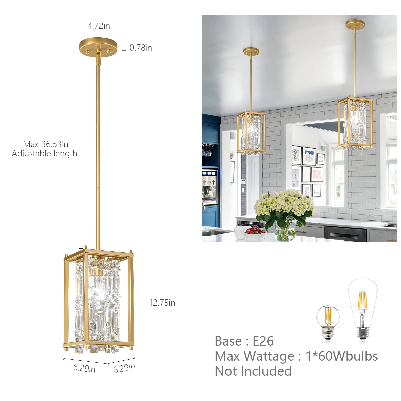 LMQNINE Dining Room Light Fixture Semi Flush Mount Ceiling Light, Industrial Farmhouse Chandelier Gold Metal Crystal Pendant Light for Hallway Balcony Kitchen Island (Square 1-Light)