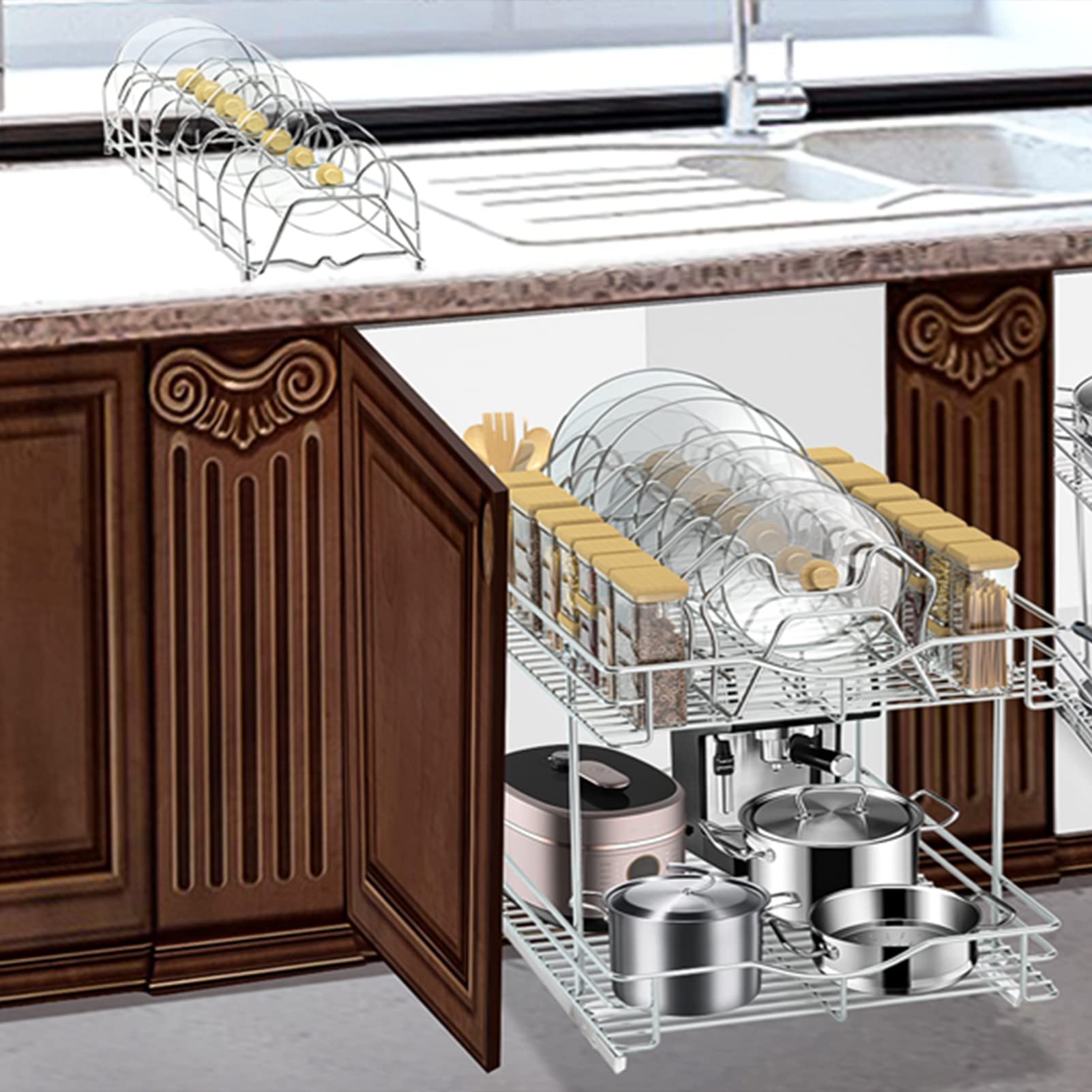 FULGENTE Pull Out Cabinet Drawer Organizer for Lid Cookware 11" W x 21" D 2 Tier Slide Out Kitchen Shelves Storage for Pots and Pans Roll Out Pot Top Shelf for Cabinet Wire Frame Chrome Finish