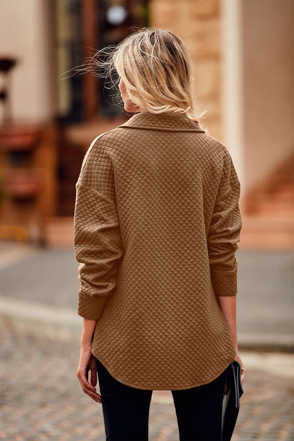 PRETTYGARDEN Women's 2024 Winter Jackets Lapel Coat Outerwear Casual Long Sleeve Button Down Blouse Shirts Tops (Dark Khaki,Medium)