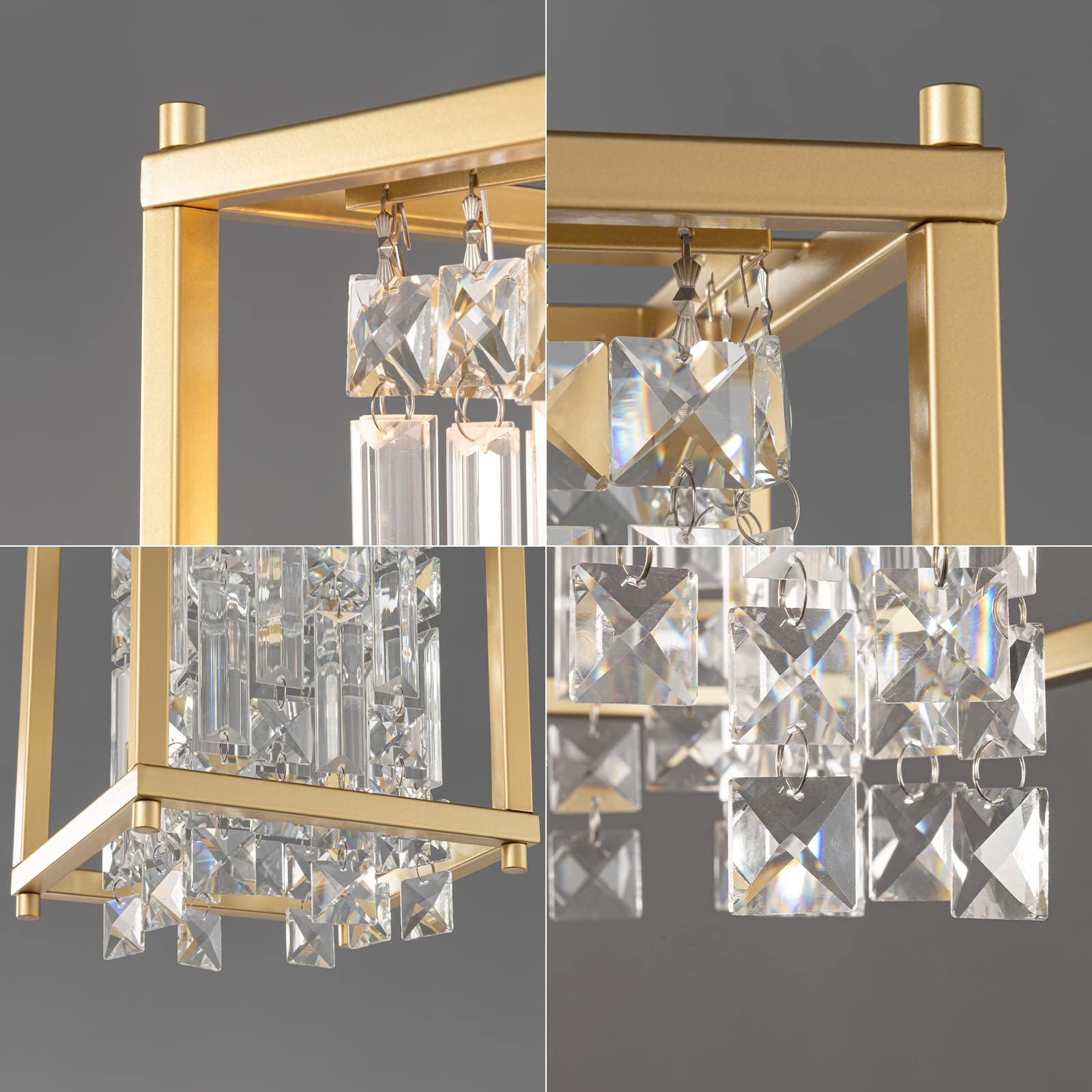 LMQNINE Dining Room Light Fixture Semi Flush Mount Ceiling Light, Industrial Farmhouse Chandelier Gold Metal Crystal Pendant Light for Hallway Balcony Kitchen Island (Square 1-Light)