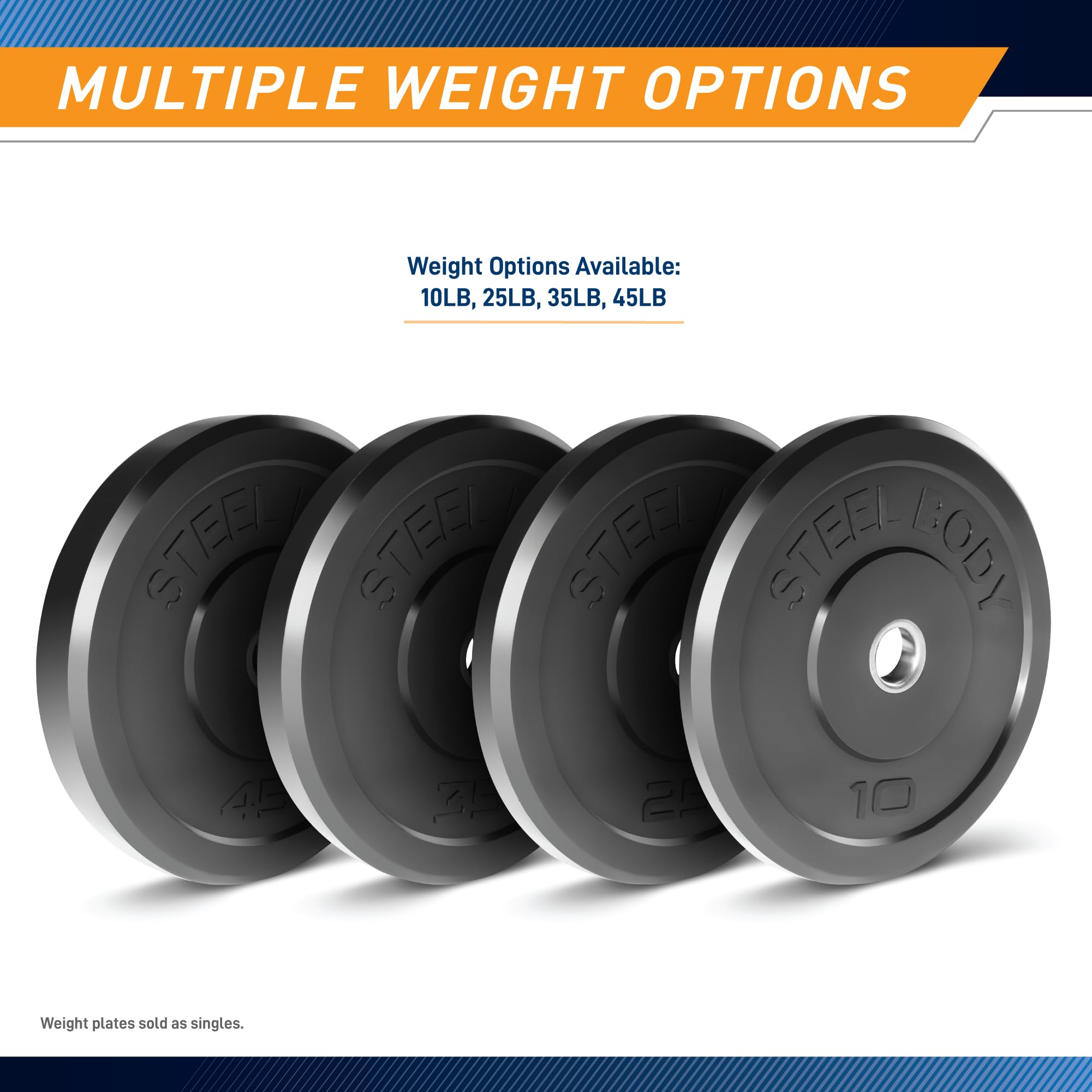 Steelbody Olympic Rubber Bumper Weight Plate - 10 lb. / 25 lb. / 35 lb. / 45 lb. Workout Weights, 10-Pound , Black