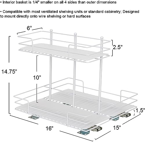 Household Essentials Glidez Paint-Finished Steel Pull-Out/Slide-Out Storage Organizer with Plastic Liners for Under Sink or Cabinet Use- 2 -Tier Design - Fits Standard Size Cabinet or Shelf, White