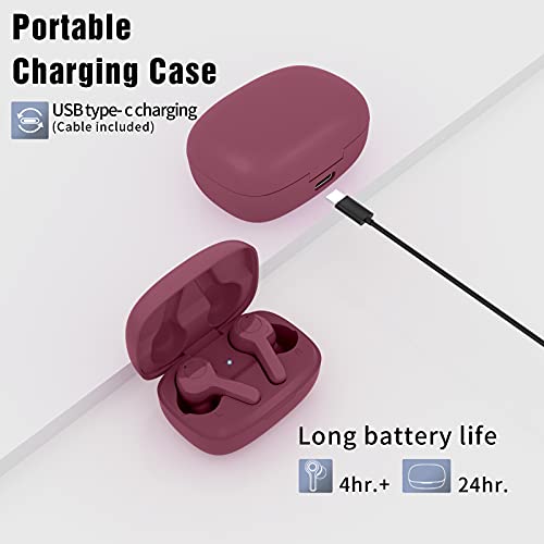 True Wireless Earbuds,with Mics Noise Reduction Touch Control Bluetooth Headphones(Claret Red)